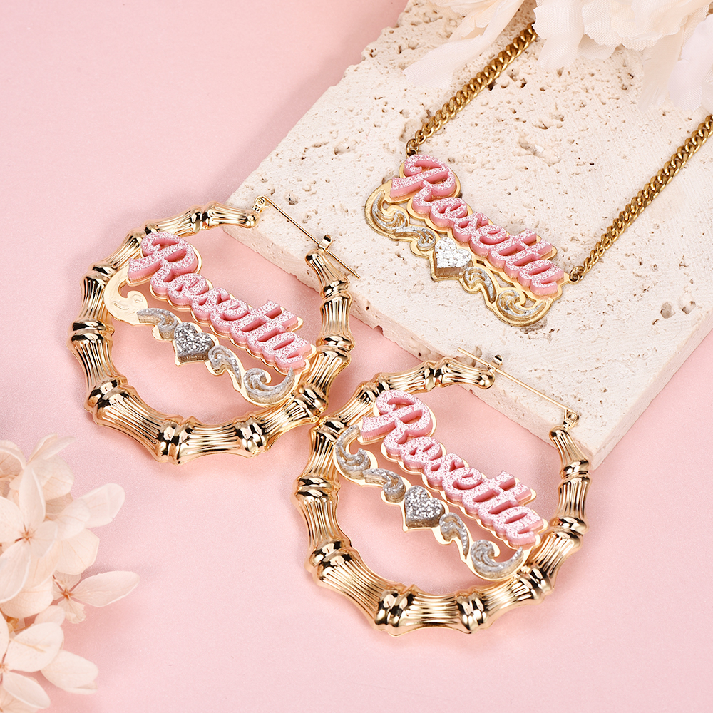 Personalized Pink Acrylic Heart Name Necklace and Bamboo Earrings Set