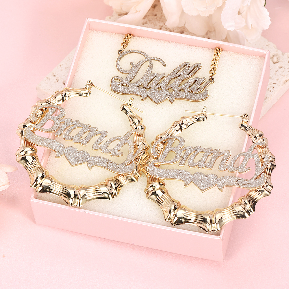 Personalized Bling Bamboo Name Earrings and Custom Name Necklace ...