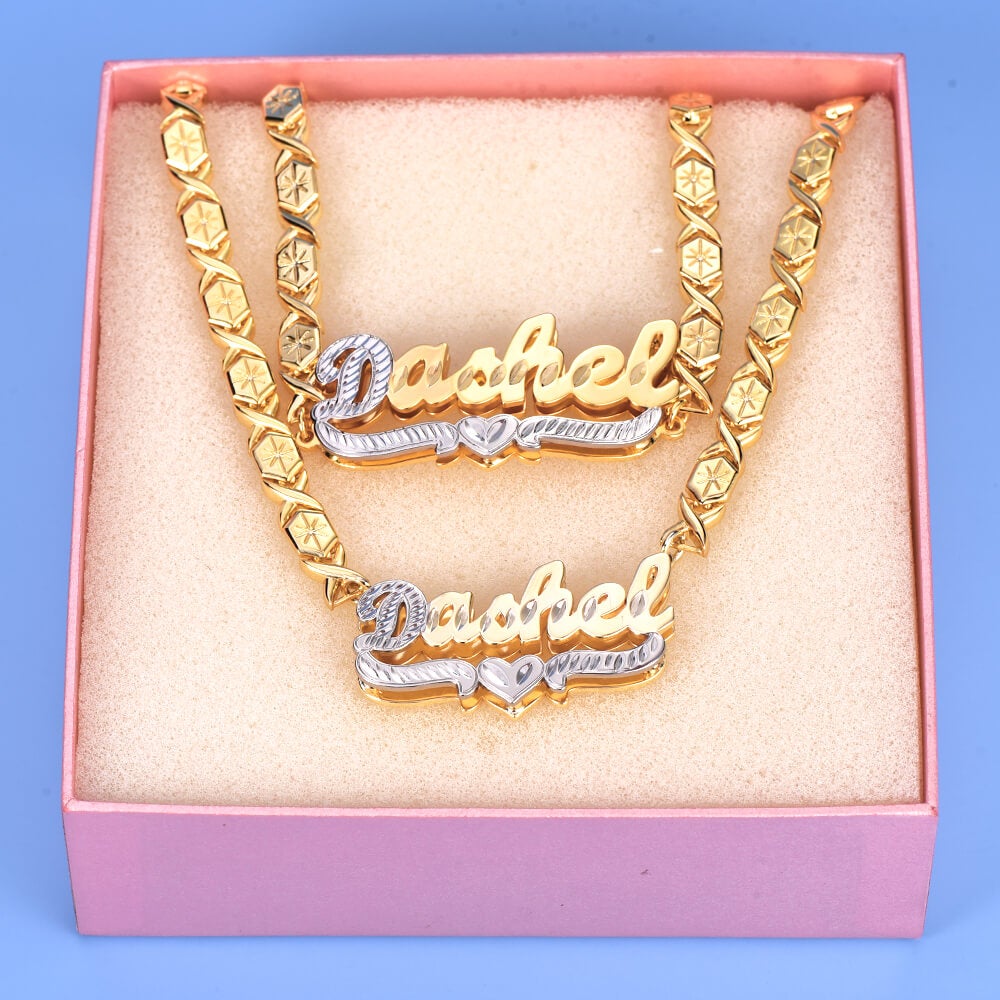 Personalized XOXO Chain Jewelry Set Two Tone Heart Name Necklace and ...