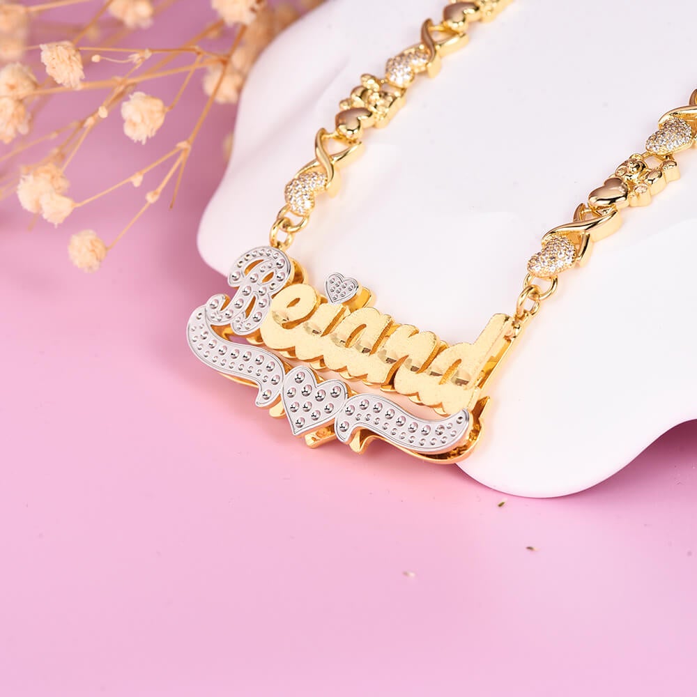 Personalized Teddy Heart XOXO Chain Double Plated Heart Name Necklace