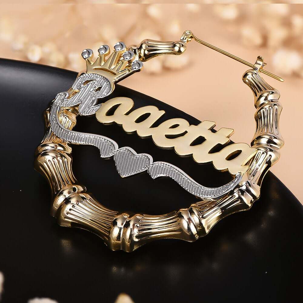 Personalized Crown Jewelry Set Name Necklace and Bamboo Earring