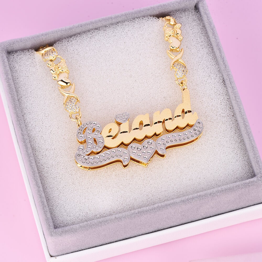 Personalized Teddy Heart XOXO Chain Double Plated Heart Name Necklace