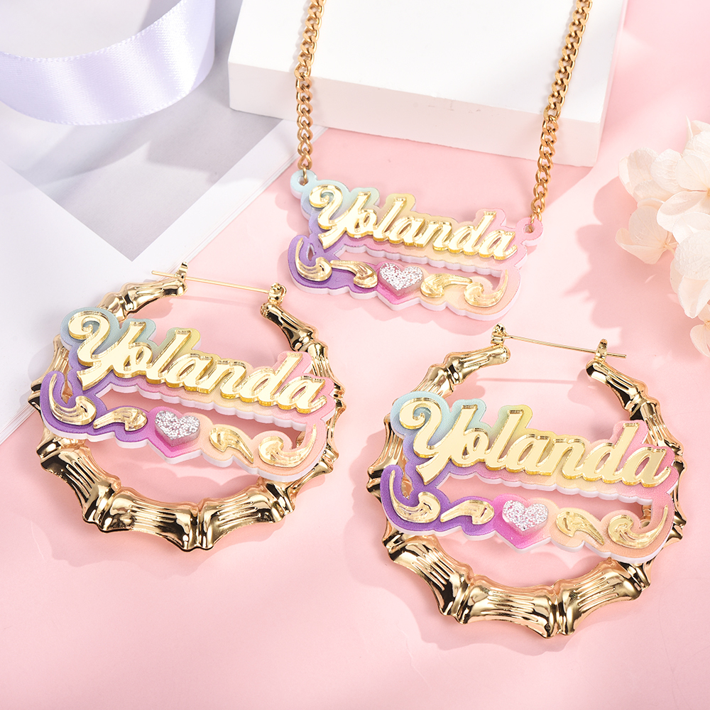 Personalized Colorful Acrylic Jewelry Set Custom Name Necklace Bamboo ...