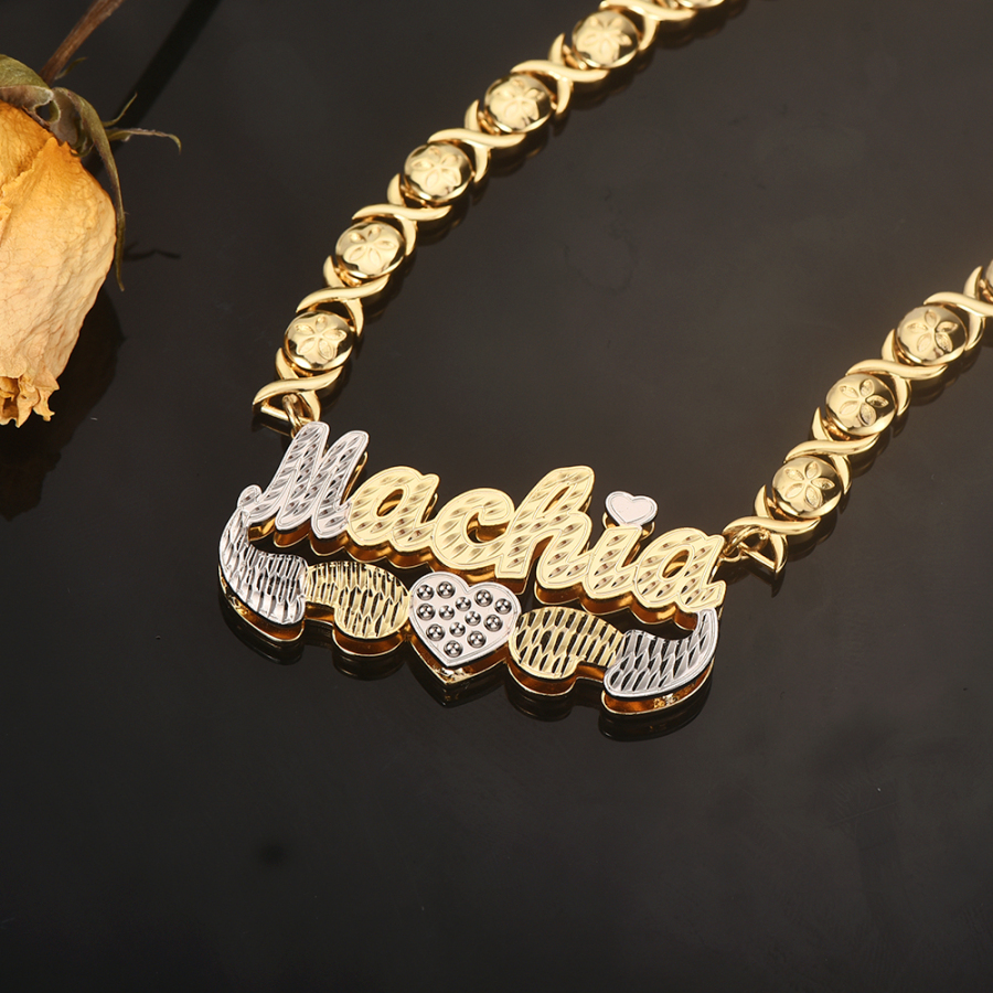 Personalized Double Plated Two Tone Heart Name Necklace with XOXO Chain