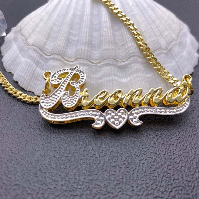 Double Layer Two Tone Heart Nameplate Personalized Custom Name Necklace ...