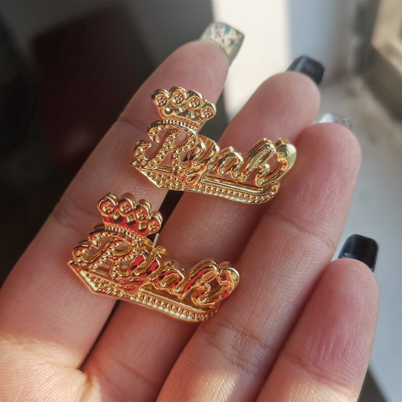 Double Layer Crown Nameplate Custom Gold Plated Name Stud Earrings
