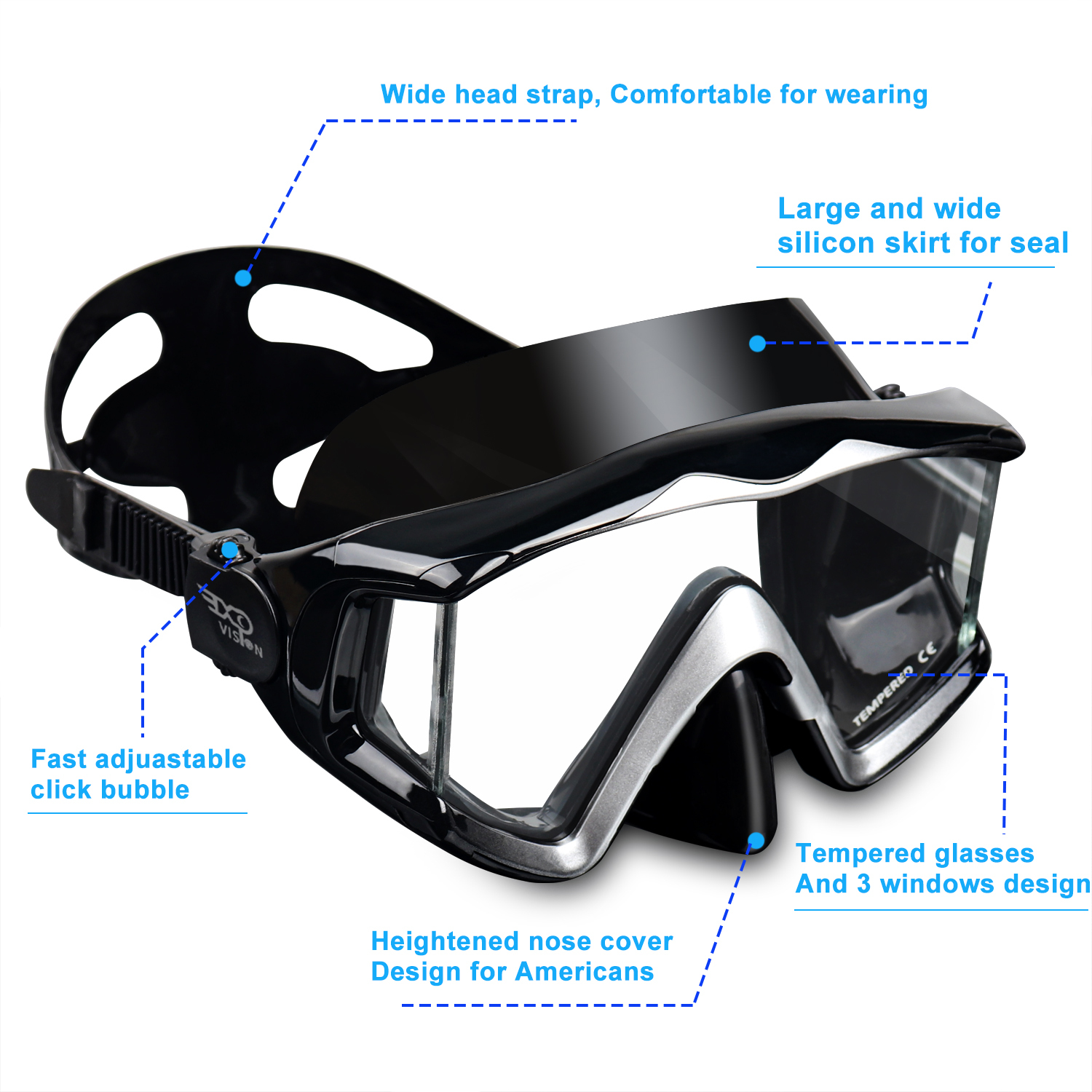 Adult Pano 3 Panoramic Scuba Diving Mask, Tempered Glass Snorkeling Di