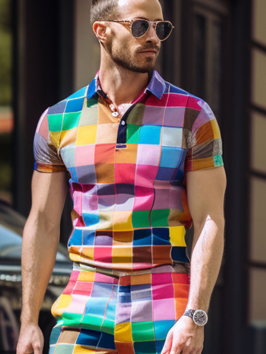 Men's Rainbow Plaid Polo Shirt
