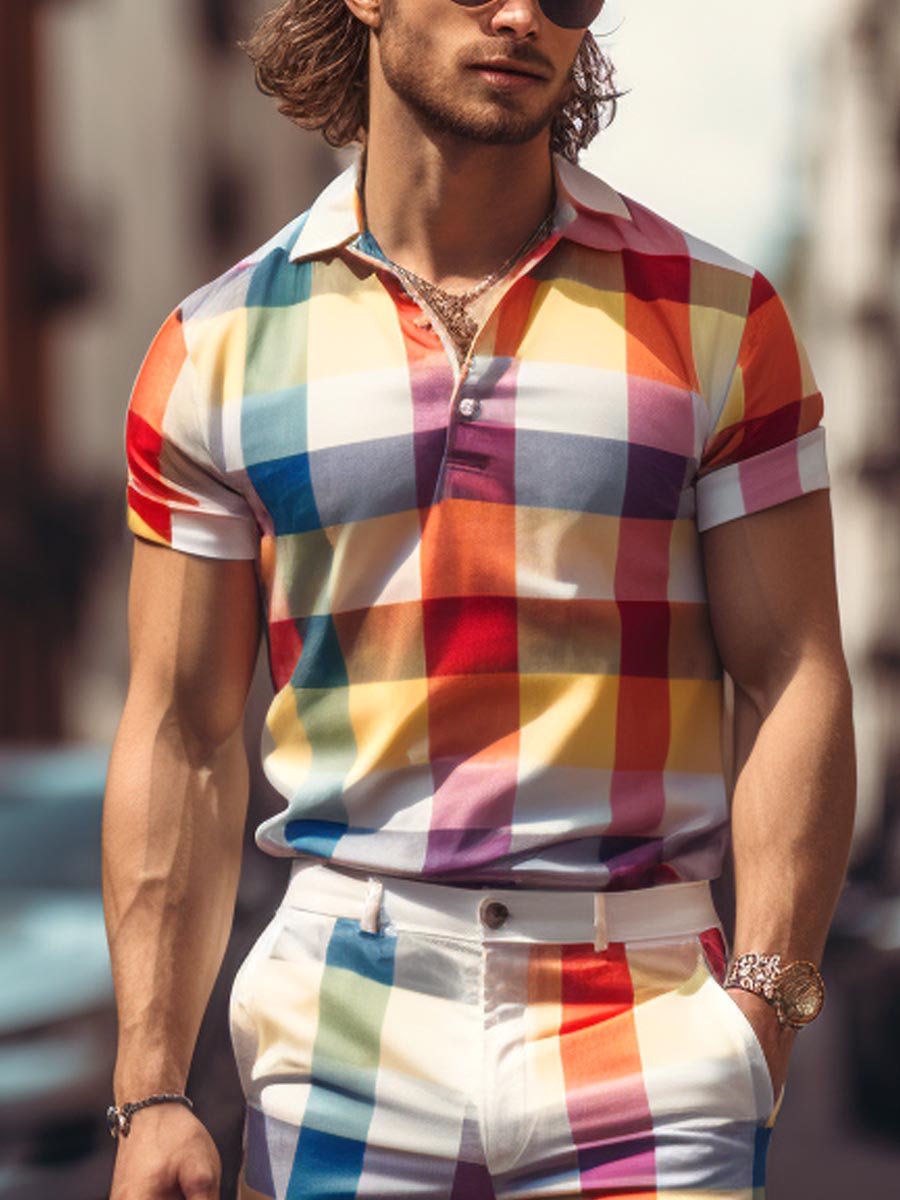 Men's Rainbow Plaid Polo Shirt