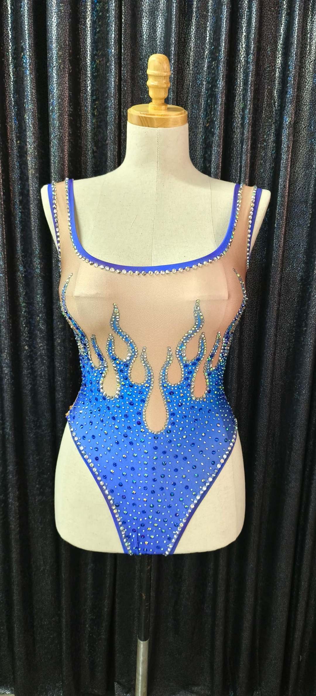 Sexy Stage Sparkly Silver Rhinestones Blue Leotard Female Singer Danc