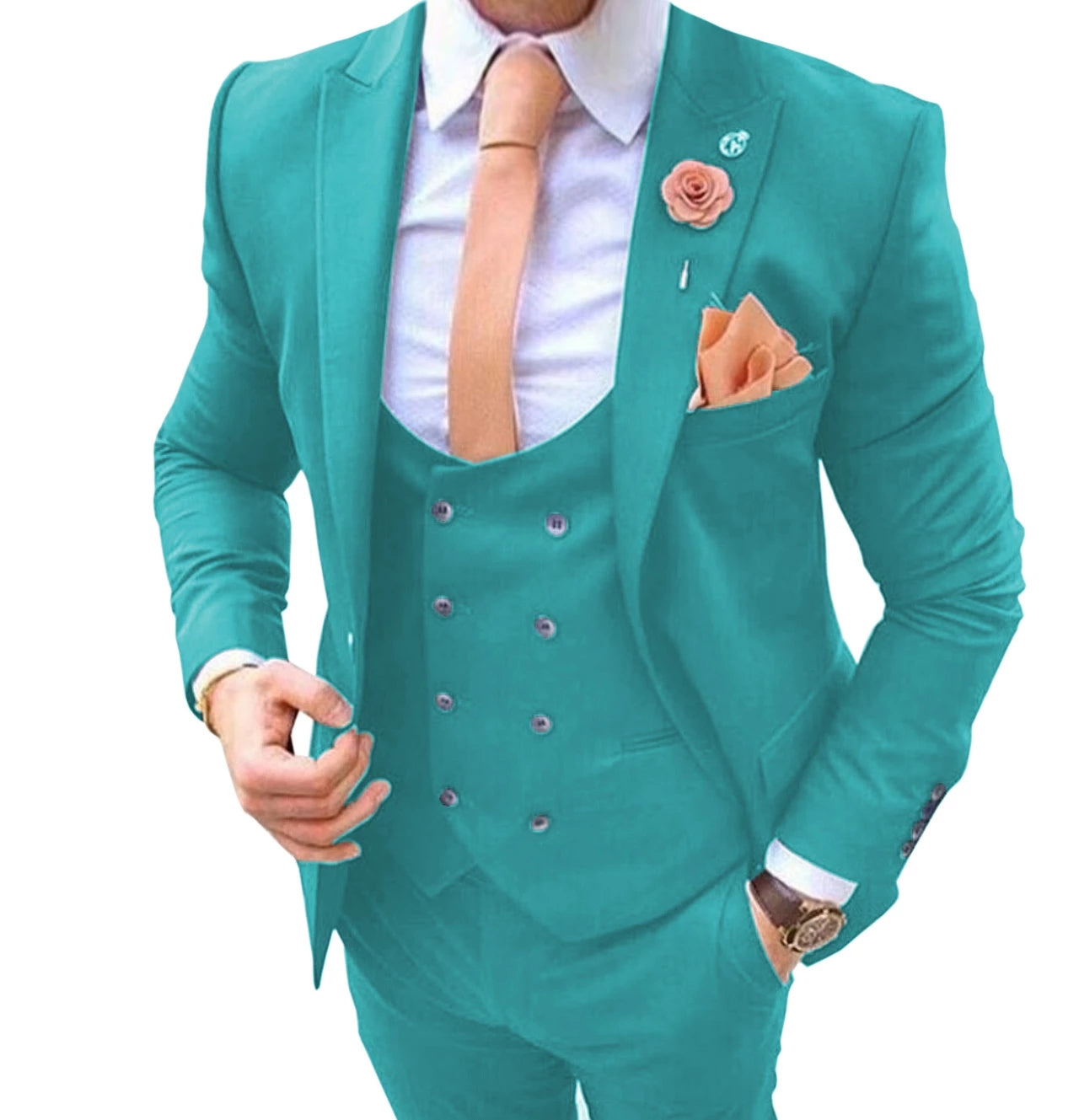 VEIAI Turquoise Men's Suits for Wedding Slim Fit 3 Pieces Suit Groom