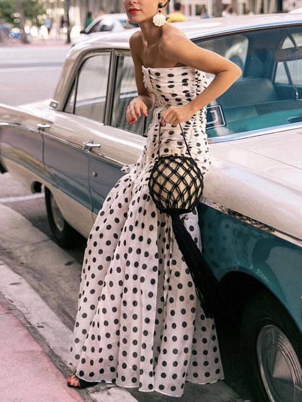 Sexy Polka Dot Strapless Maxi Dress