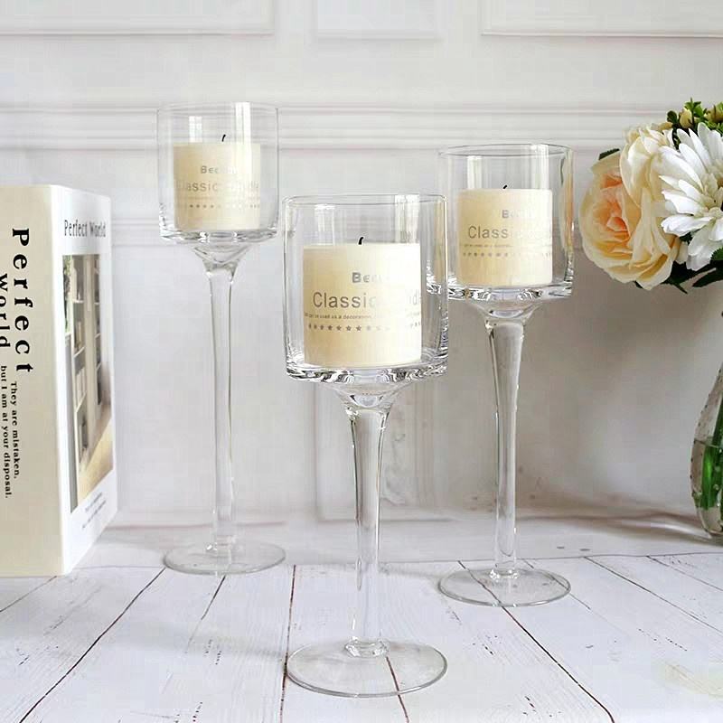 long stem glass candle holders 3 size set cylinder top for wedding hol