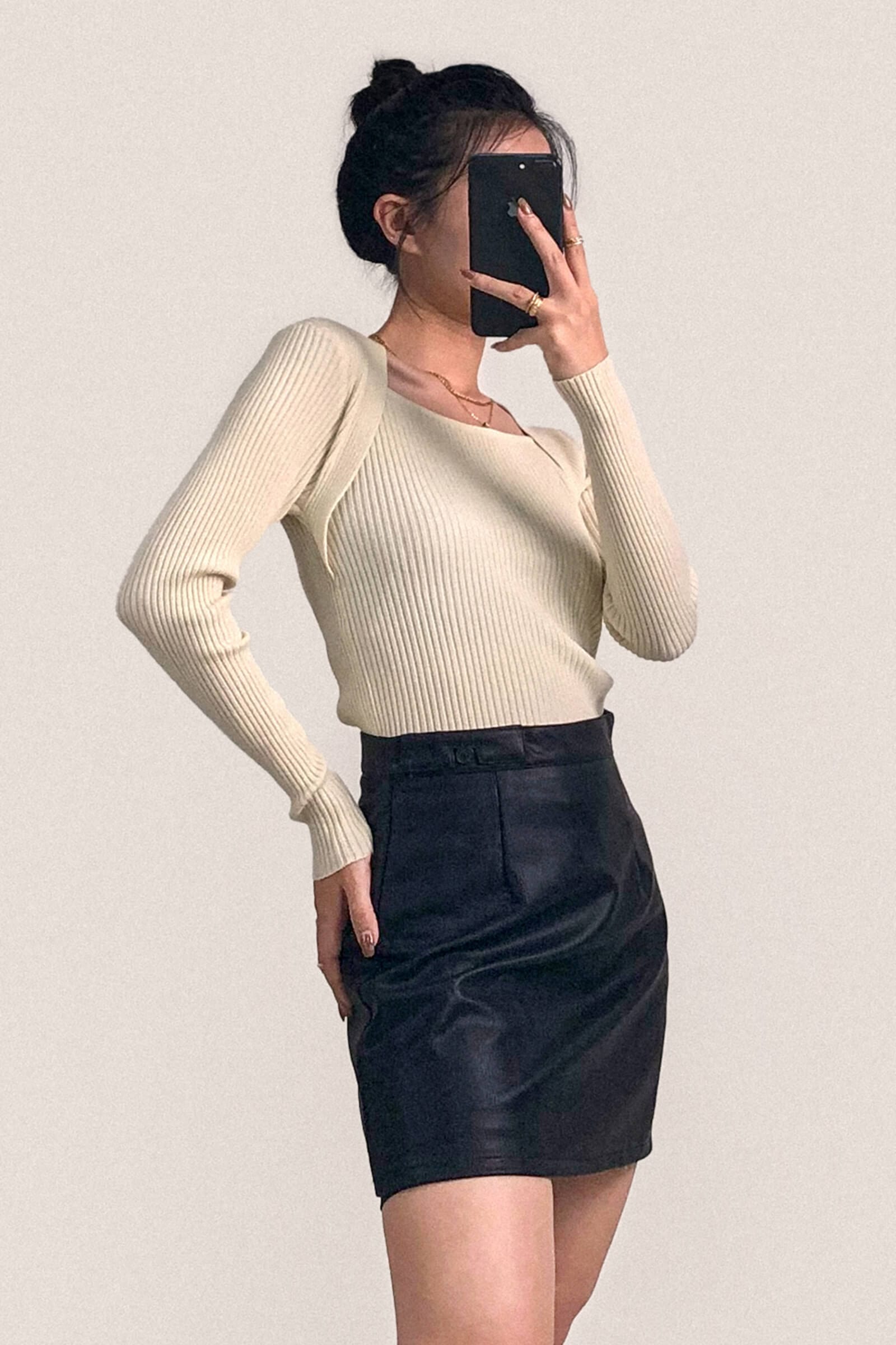 Ivory Ribbed Knit Square Neck Sweater-J.ING