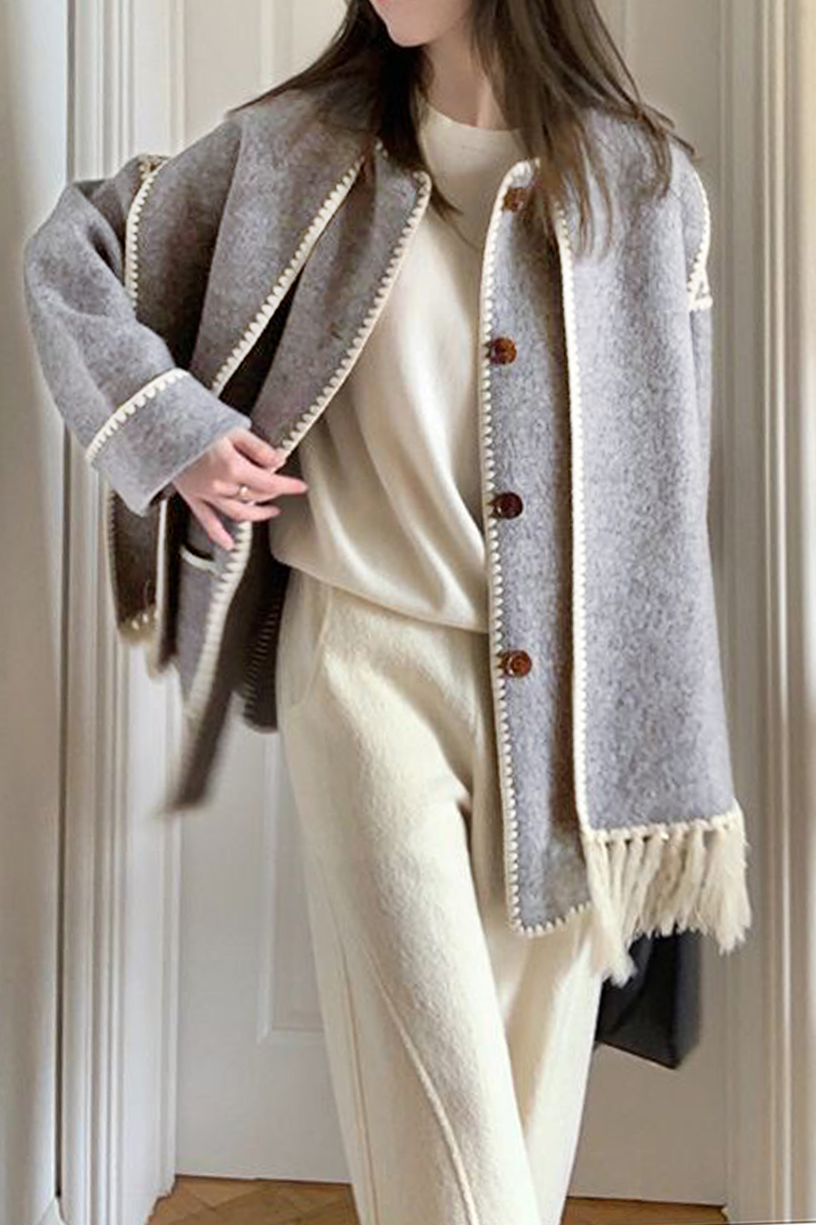 Light Steel Blue Contrast Drop Shoulder Wool-Blend Tweed Coat with ...