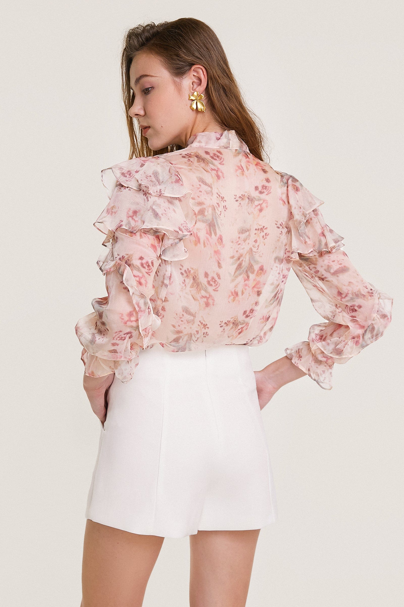 Pink Floral Print Tie Neck Ruffled Chiffon Blouse-J.ING