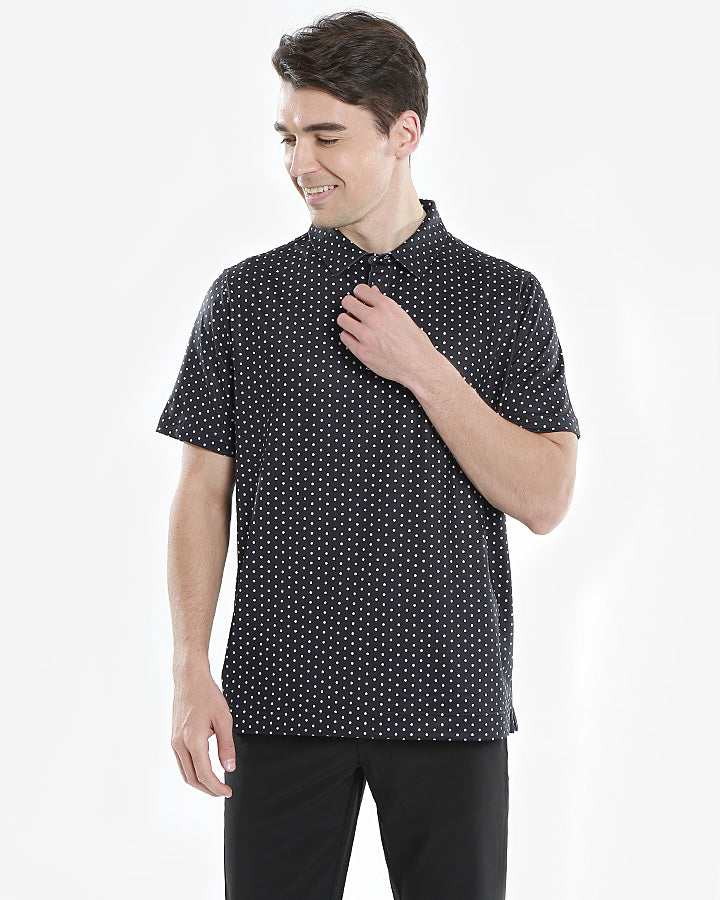 Black Polo Shirt - Polka Dot Print Casual Golf Polo - Deolax Golf Apparel