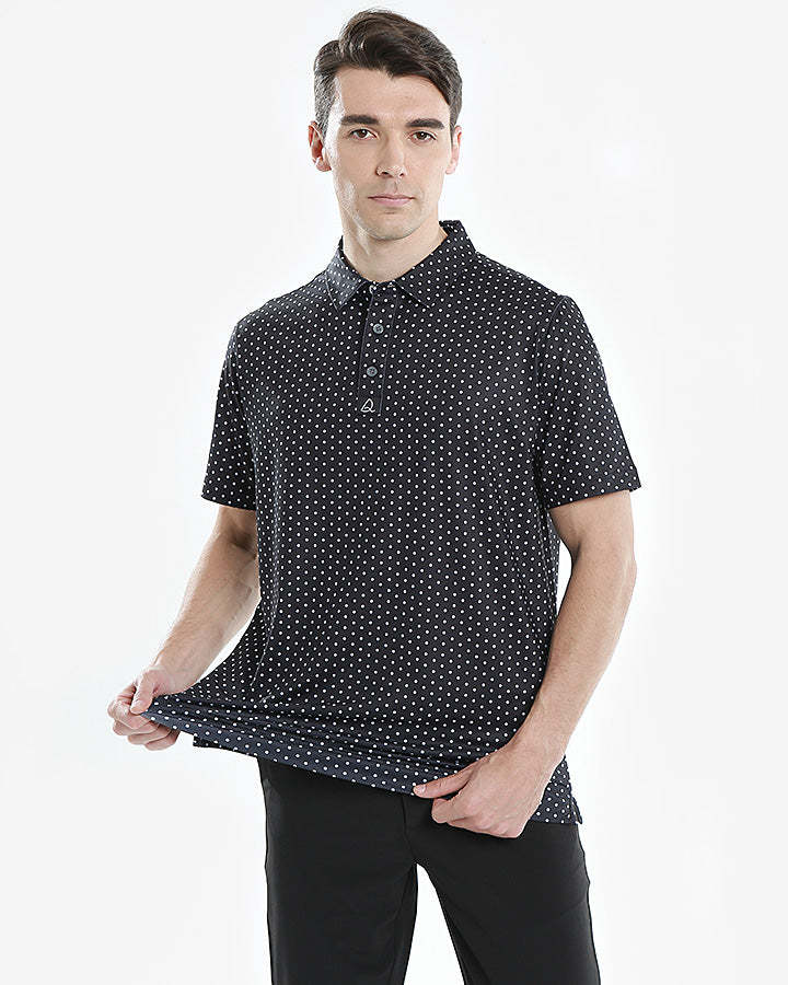 Black Polo Shirt - Polka Dot Print Casual Golf Polo - Deolax Golf Apparel