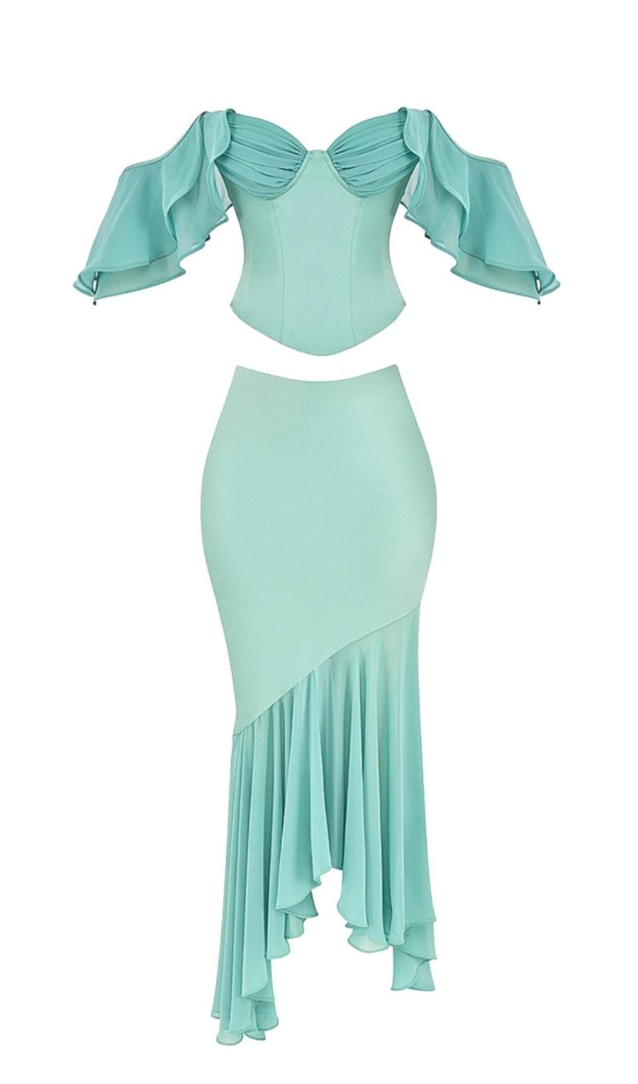 Off Shoulder FISH BONE Two Piece Suit