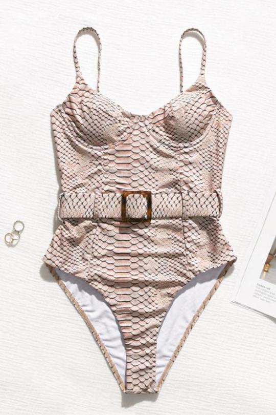 High Cut Python Pattern Buckle One Piece Swimsuit