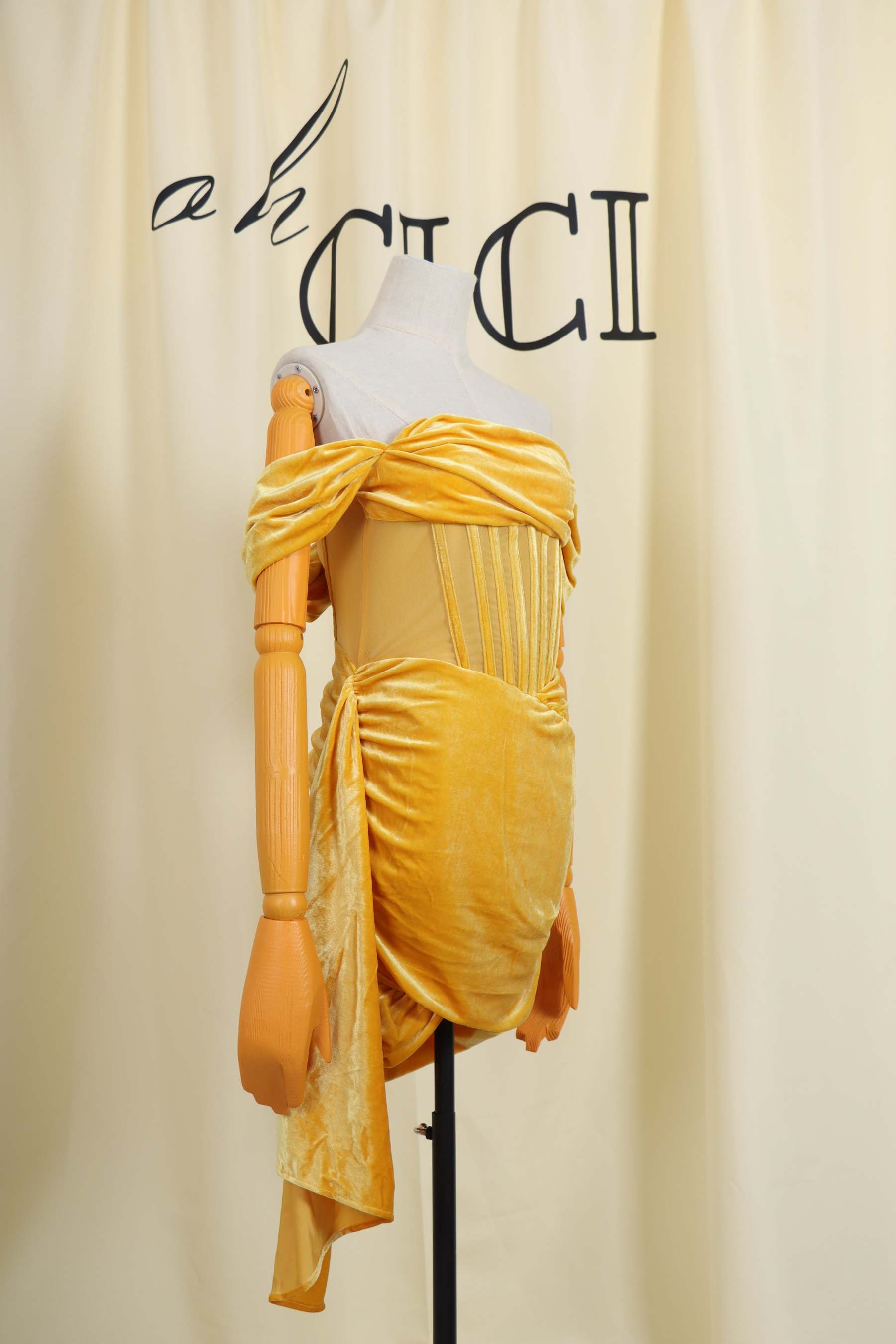 Yellow DRAPinG Off Shoulder Corset Dress