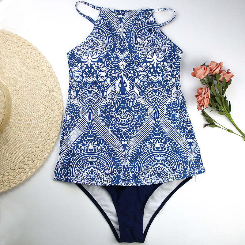 Print Modest One-Piece Halter Swimwear