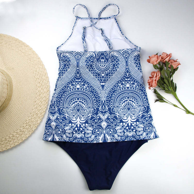 Print Modest One-Piece Halter Swimwear