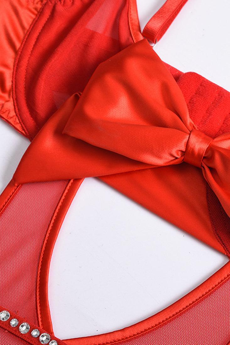 Red Bow Rhinestone Accent Mesh Sexy Teddy