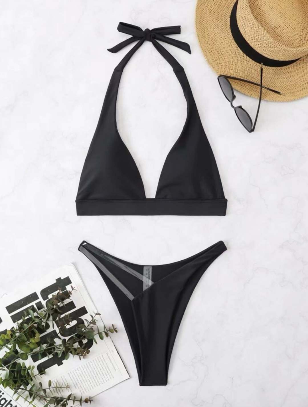 Sheer Strap Halter Bikini Set