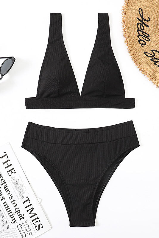 Solid Color Deep V High Waist Bikini Set