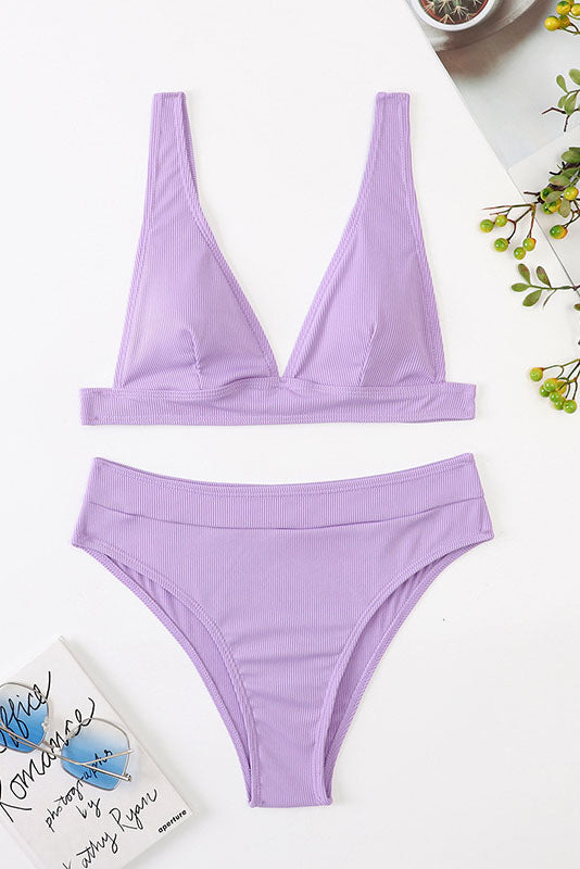 Solid Color Deep V High Waist Bikini Set