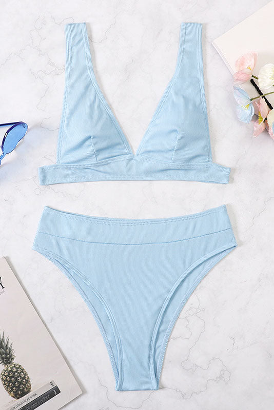 Solid Color Deep V High Waist Bikini Set