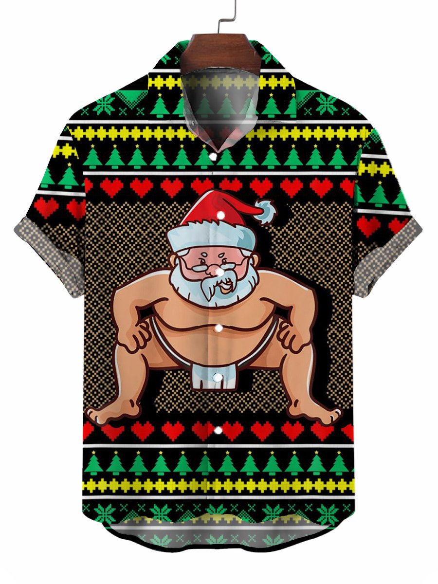 Mens Casual Ugly Christmas Print Short Sleeve Shirt Button Down Shirt