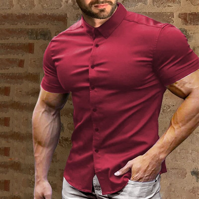Mens Button Up Shirt Plain Turndown Street Vacation Short Sleeve Shir